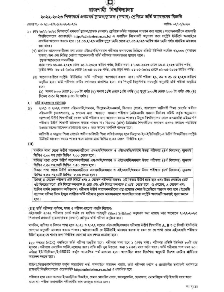 RU Admission | Rajshahi University Admission 2022-23