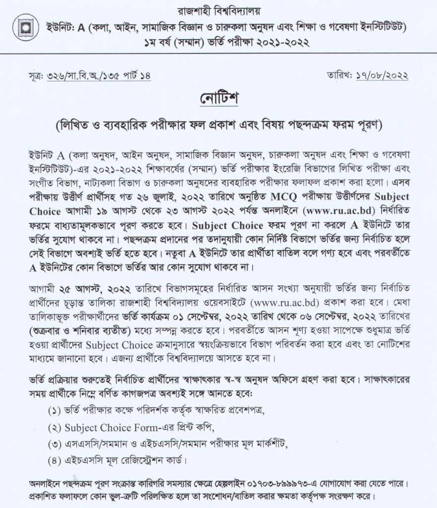 RU Admission Result 2022 | Rajshahi University Admission Result