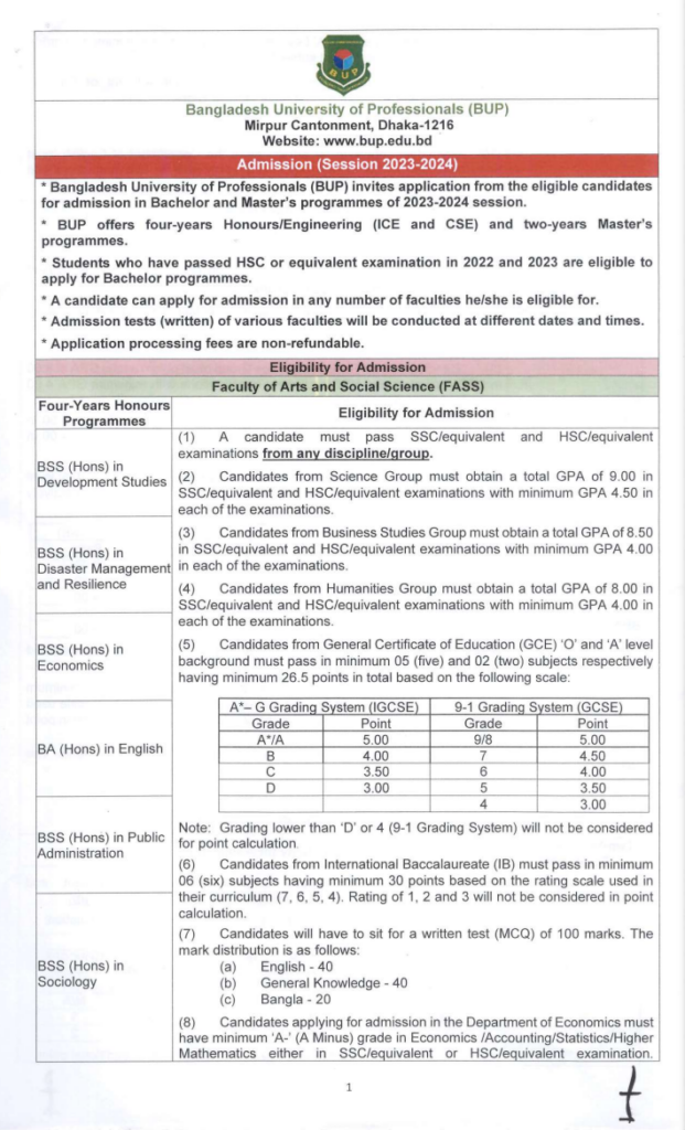BUP Admission Circular 2022-23 | Bangladesh University of Professionals