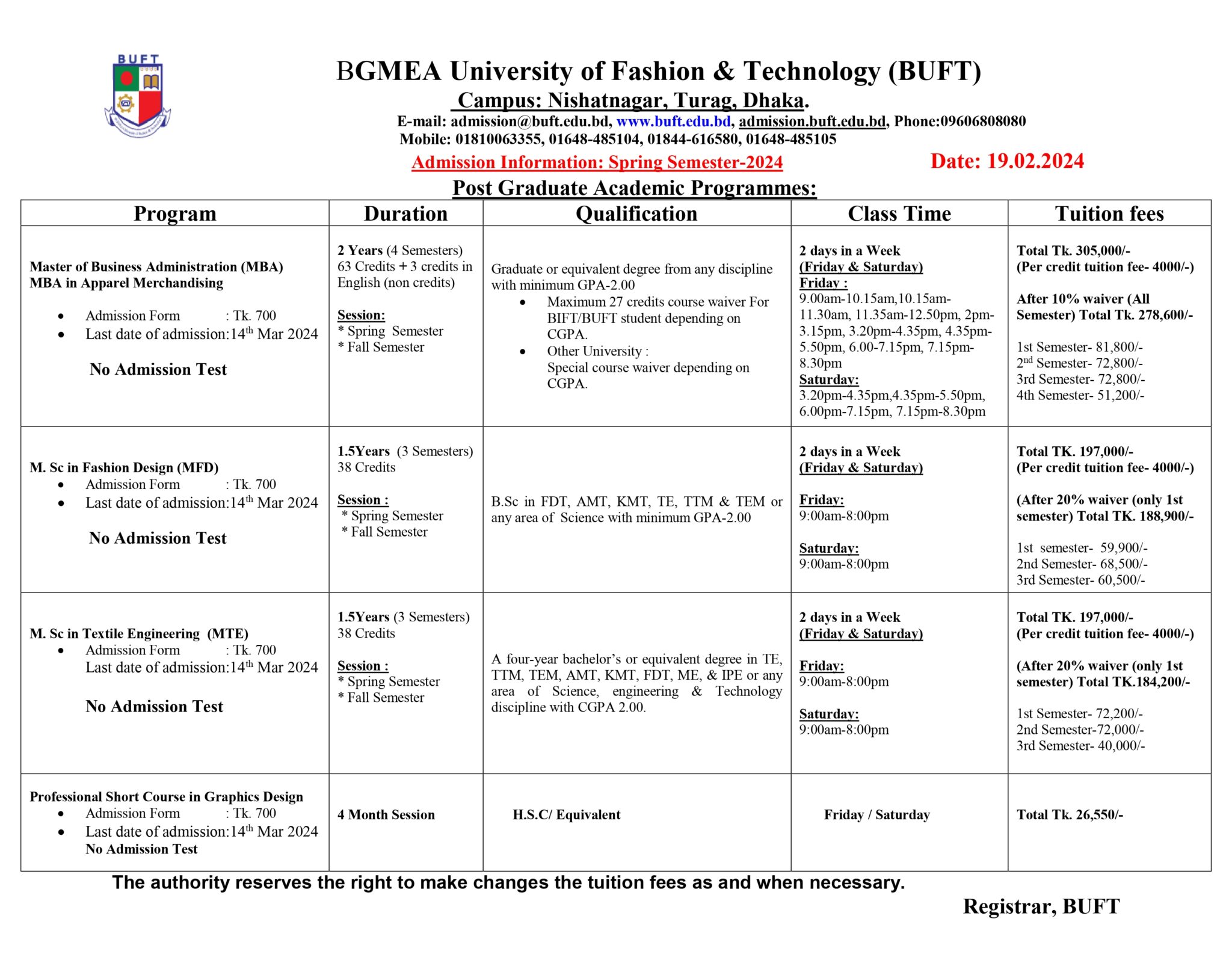 BUFT Admission 2024 & BUFT Tuition Fee (Bachelor Program)