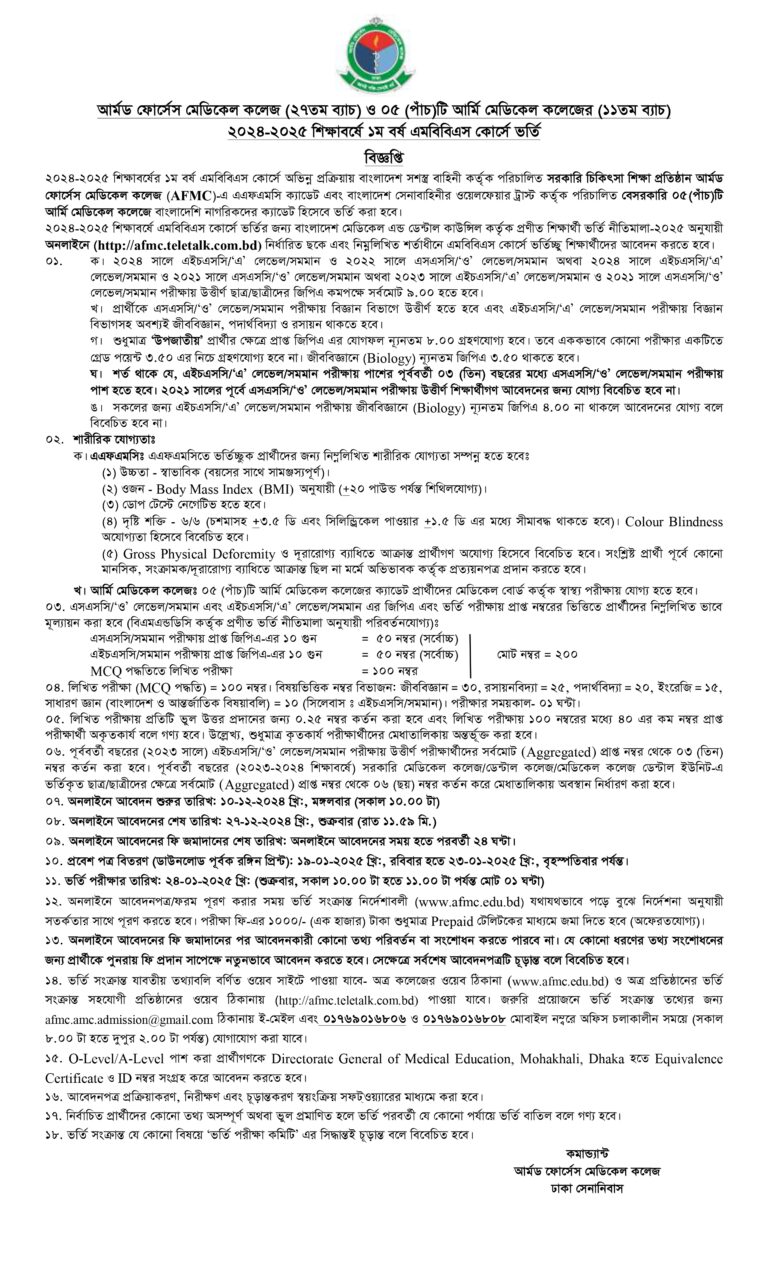 Army Medical College Admission Circular 2024-25