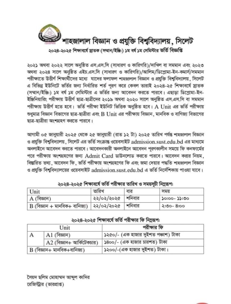 SUST Admission Circular 2024-25 | Shahjalal University of Science and ...